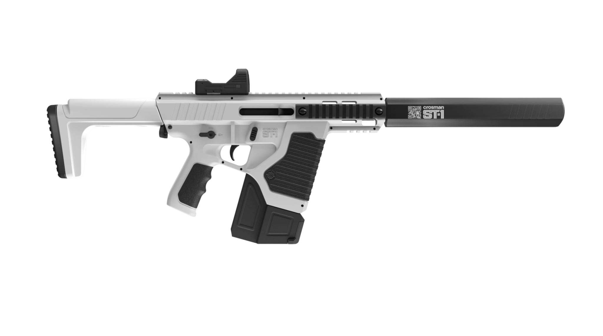 Crosman ST1 Full Auto CO2 Powered w/ Red Dot - White/ Black » Tenda Canada