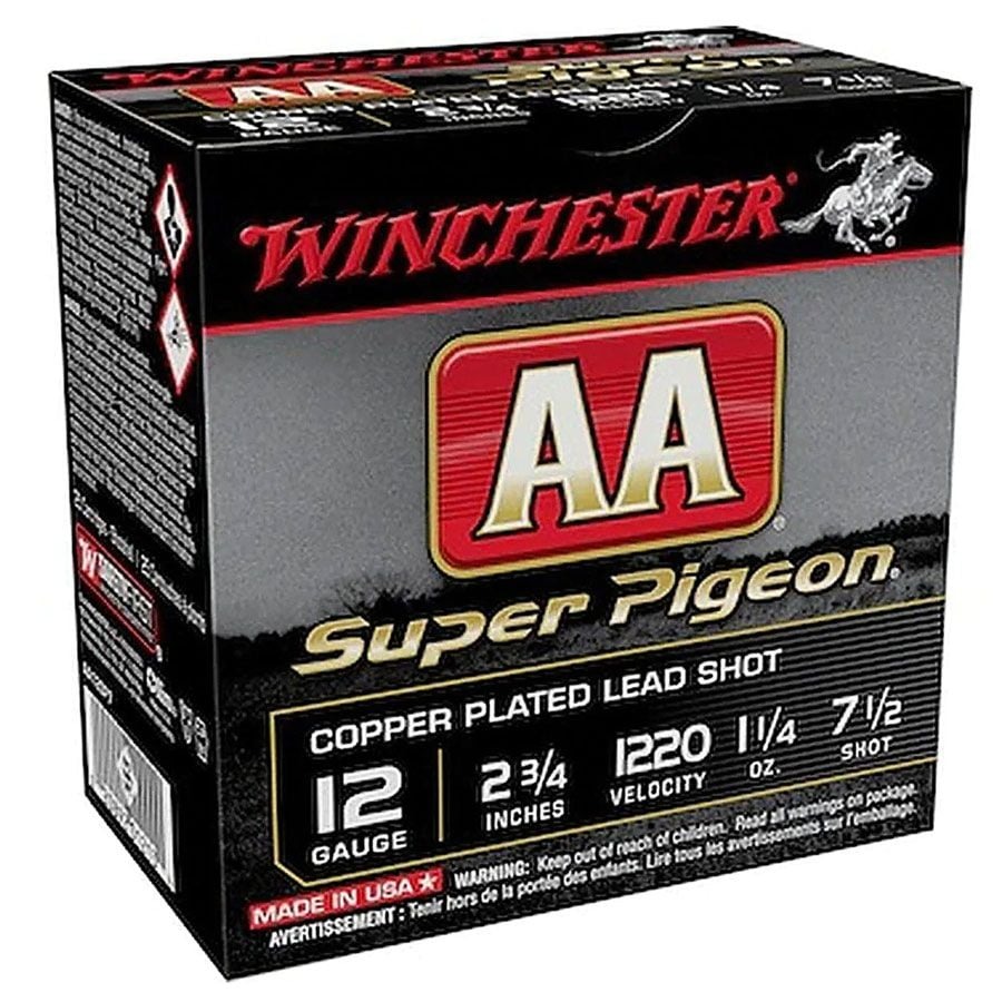 Winchester AA Super Pigeon 12Ga, 2-3/4" 1-1/4 oz, #7.5 Shot Box of 25 ...