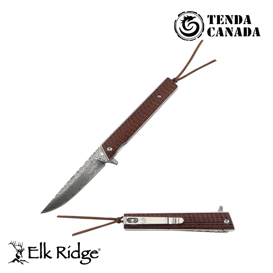 Elk Ridge - Damascus Blade Folding Pocket Knife 7.75", Wood Handle ...