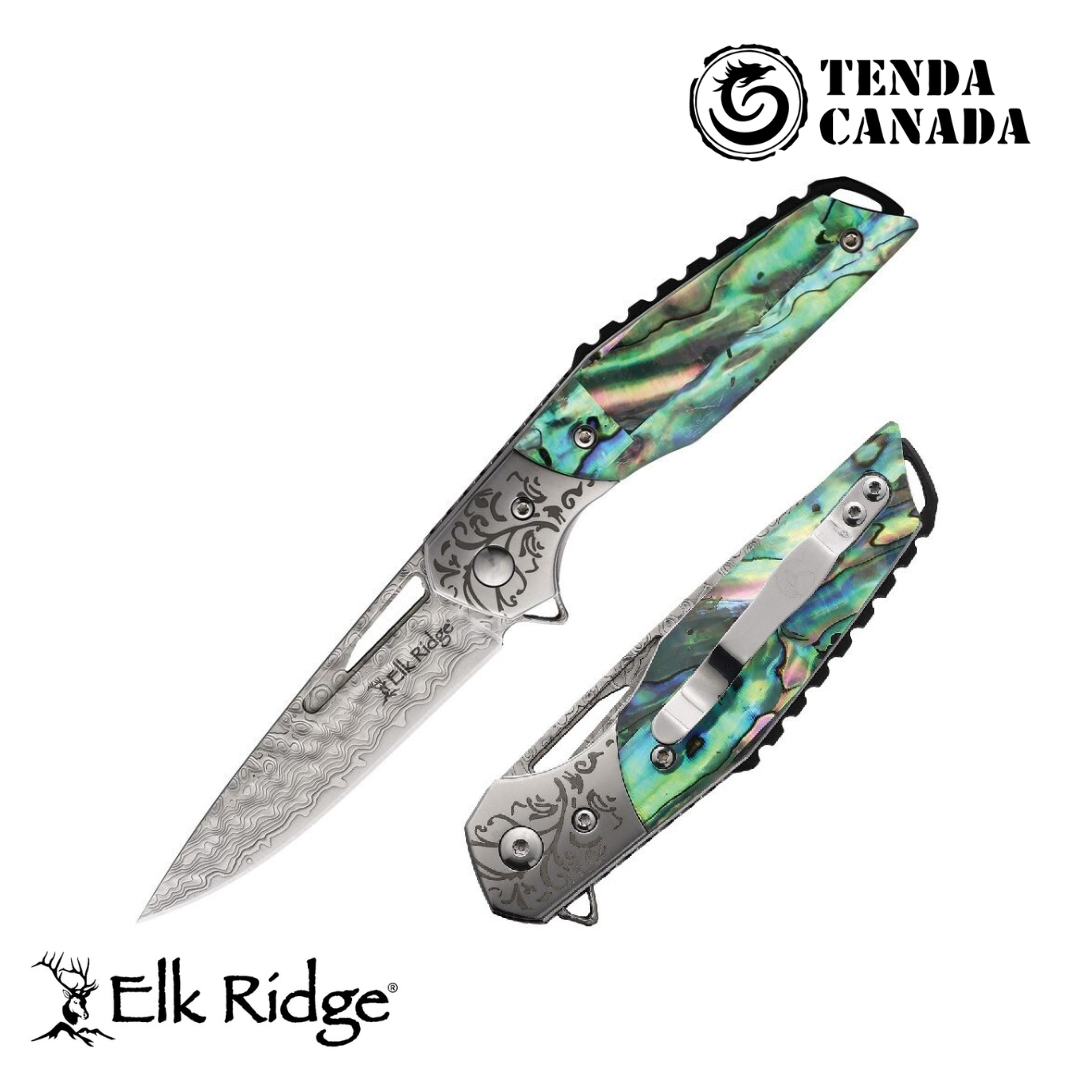 Elk Ridge - Damascus Blade Folding Pocket Knife 7", Abalone Shell ...