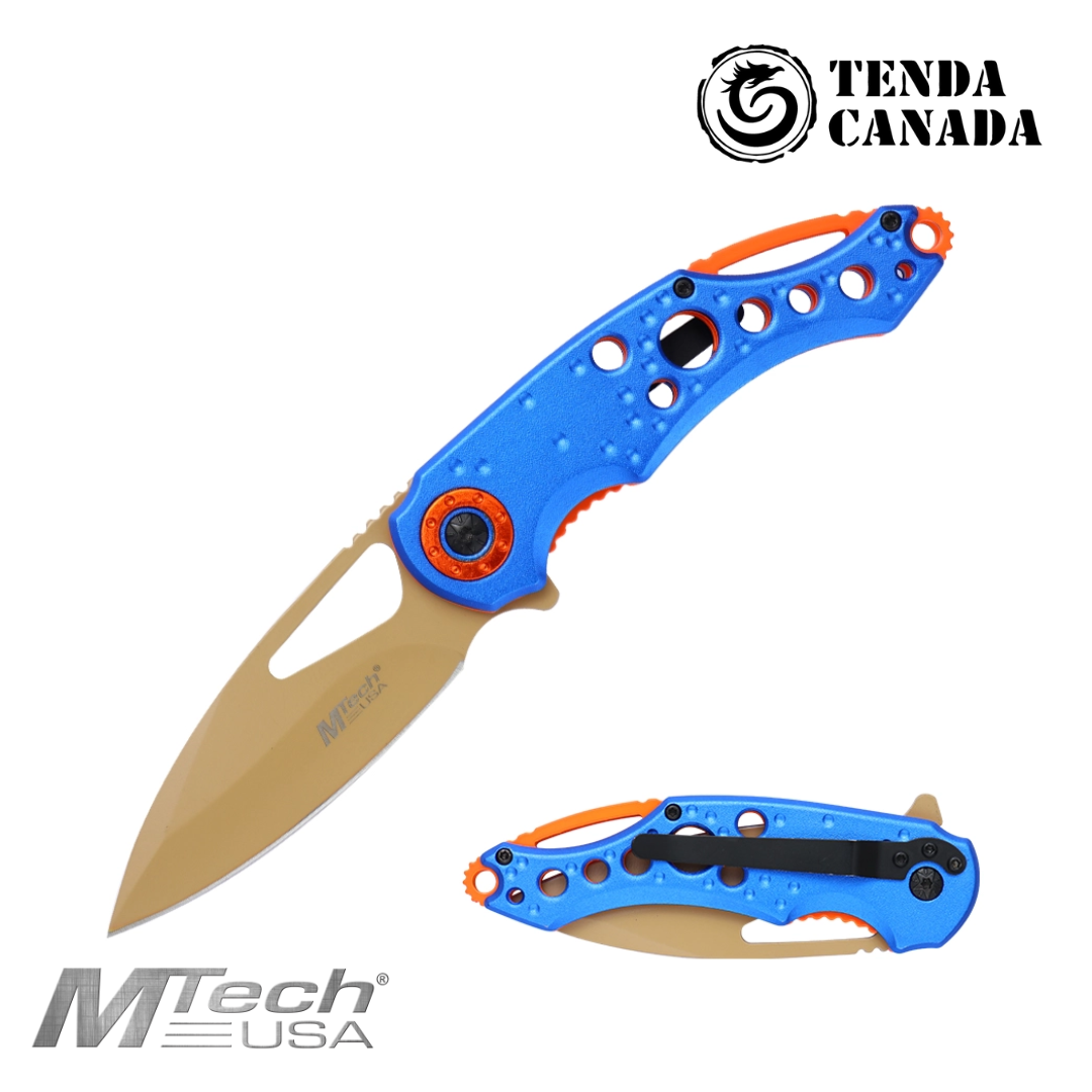 MTech USA – Gold Electroplated Assisted Opening Knife, Blue Anodized ...